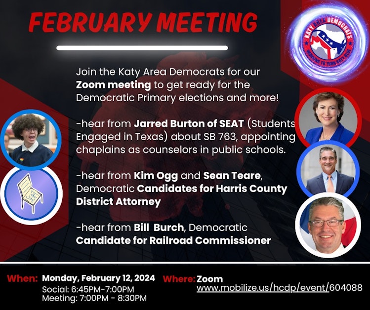 Katy Area Democrats Monthly Meeting, Monday February 12th, Kim Ogg and ...