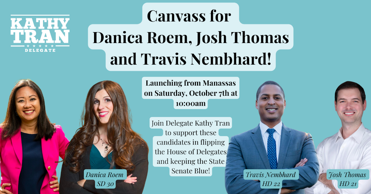 Canvass for Danica Roem, Josh Thomas, and Travis Nembhard · Mobilize